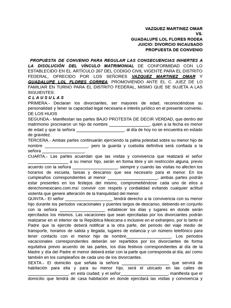 Propuesta De Convenio De Divorcio Pdf Divorcio Pensión Alimenticia