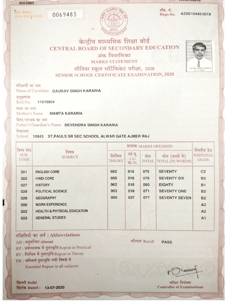 12th Marksheet | PDF
