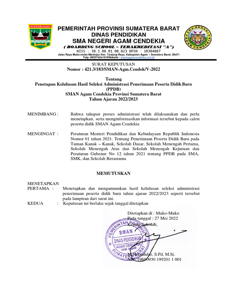 Hasil Seleksi Administrasi PPDB 2022 SMAN Agam Cendekia | PDF