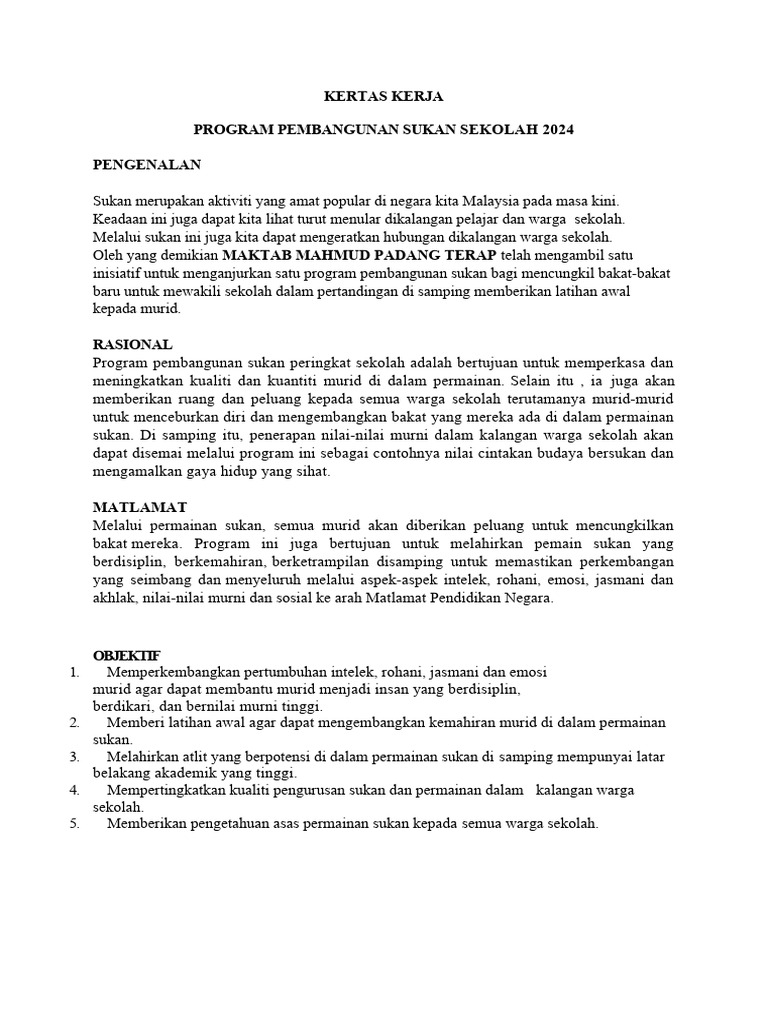 Kertas Kerja Program Pembangunan Sukan Sekolah | PDF