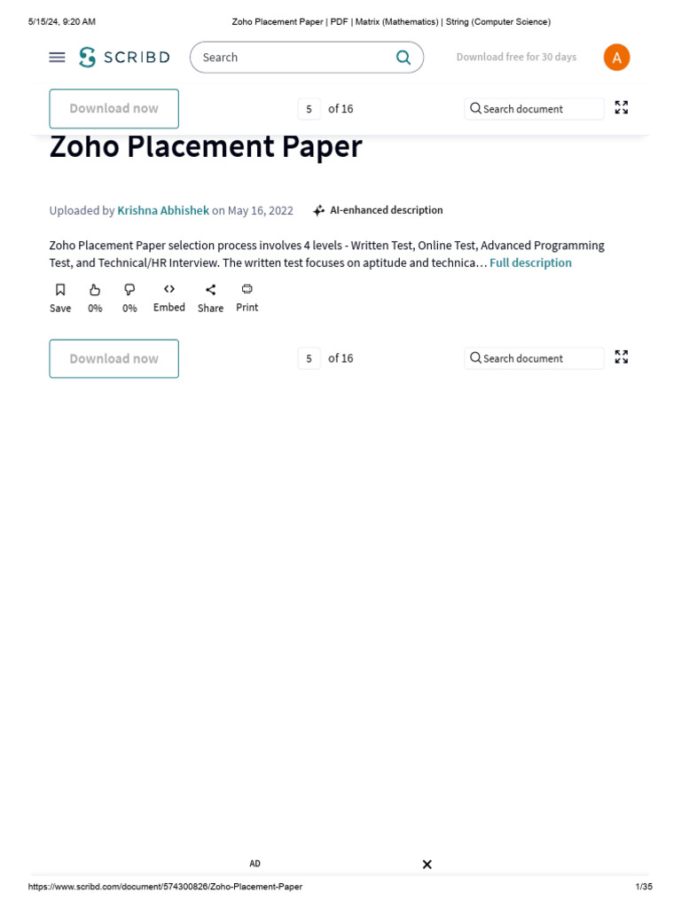 Zoho Placement Paper - PDF - Matrix (Mathematics) - String (Computer ... Zoho Placement Paper - PDF - Matrix (Mathematics) - String (Computer ...
