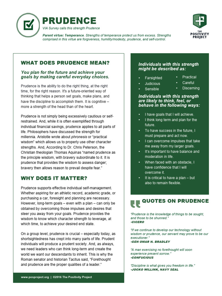 Prudence Character Card | PDF | Prudence | Virtue