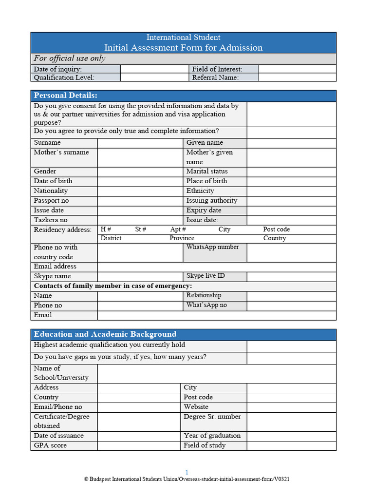 International Student initial assessment form for admission | PDF ...