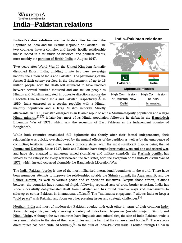 India-Pakistan Relations | PDF | India–Pakistan Relations | Partition ...