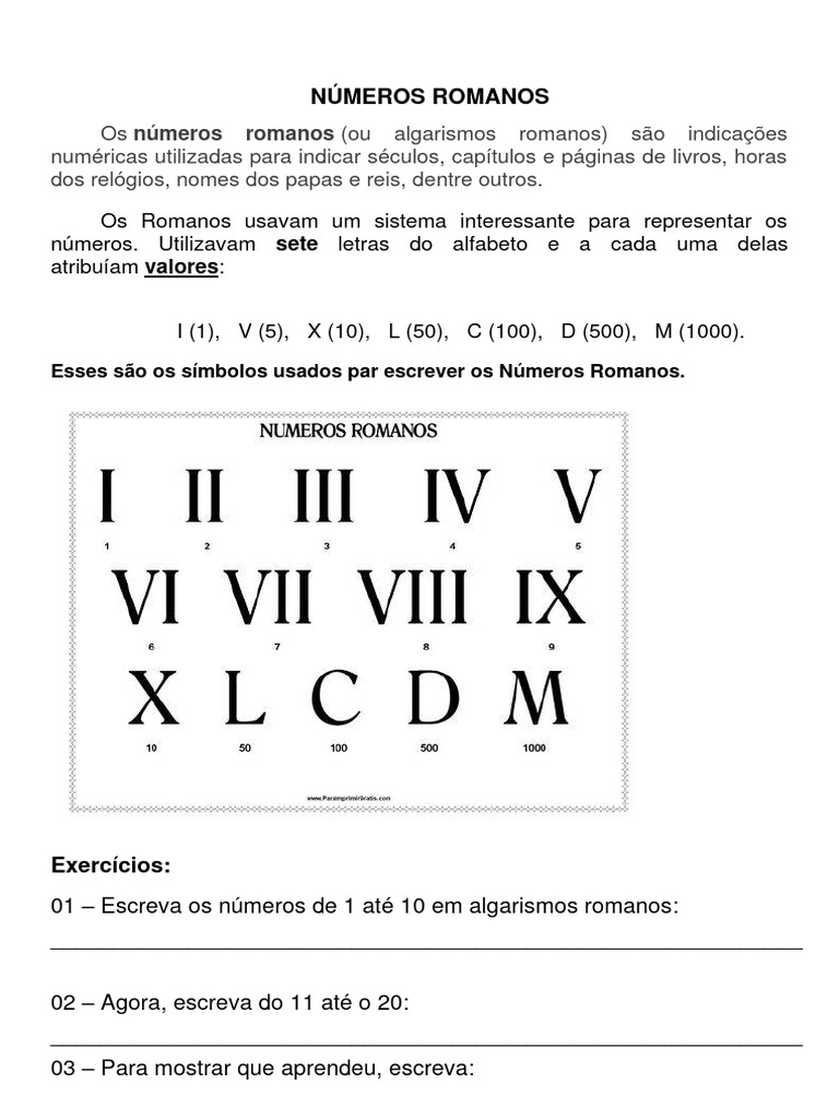 Números Romanos: Exercícios e Símbolos | PDF | Antiguidade Clássica ...