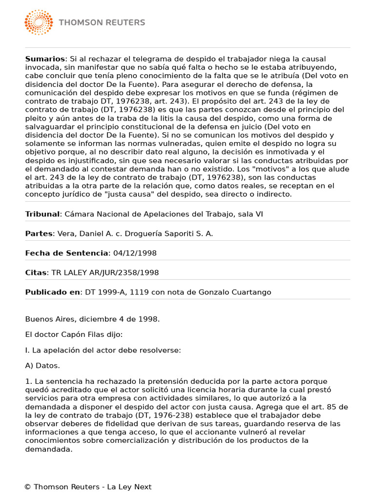 Documento - Cámara Nacional de Apelaciones Del Trabajo, Sala VI Vera, Daniel A. C. Droguería ...