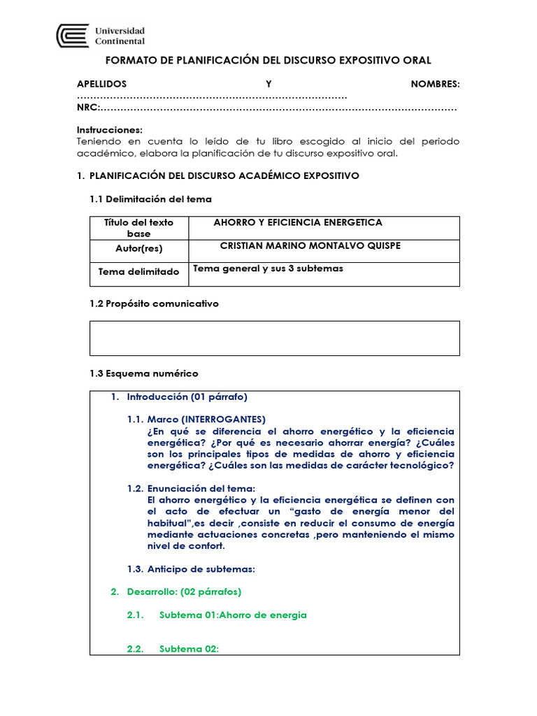 Formato de Planificación Del Discurso Expositivo Oral | PDF