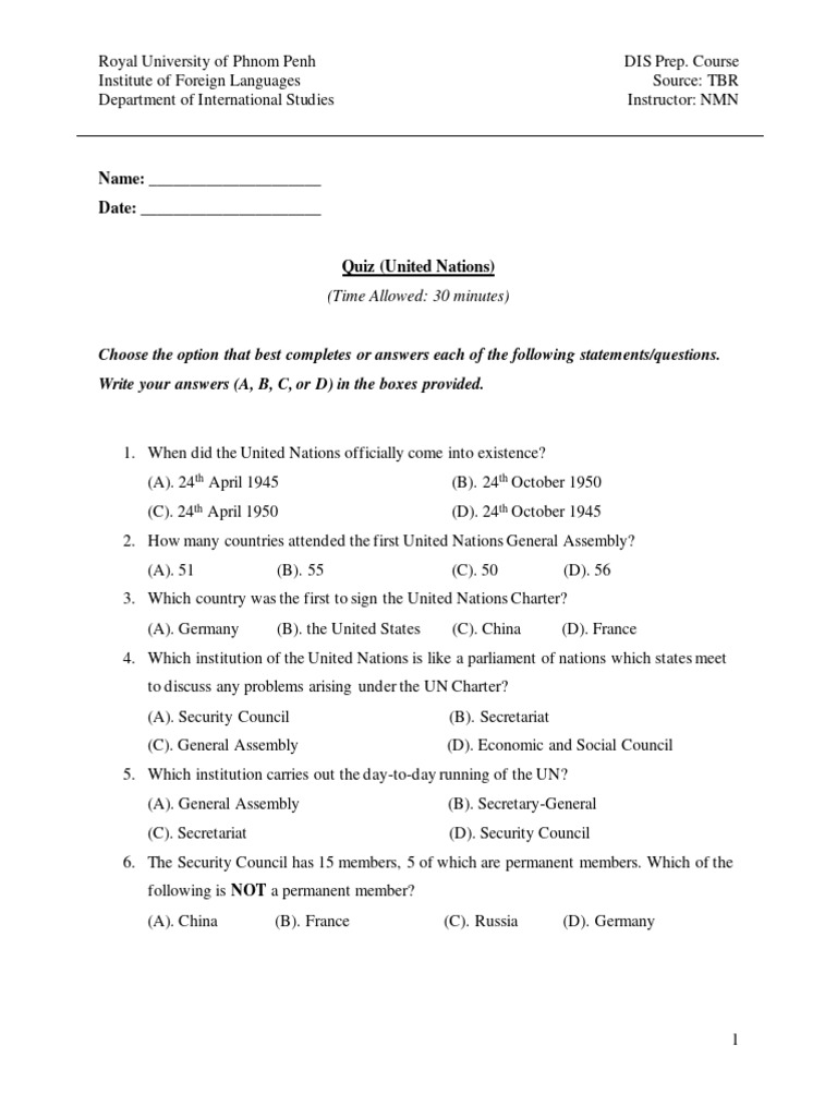 UN Quiz | PDF | United Nations | International Relations