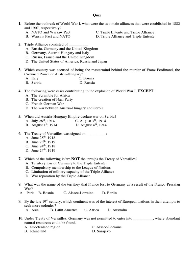 World War I Quiz Questions and Answers | PDF | Allies Of World War I ...
