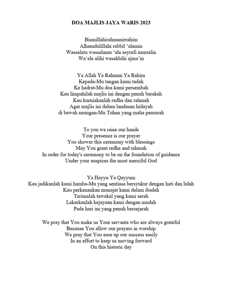 Doa Majlis Jaya Waris 2023 | PDF | Self-Improvement | Religion & Spirituality