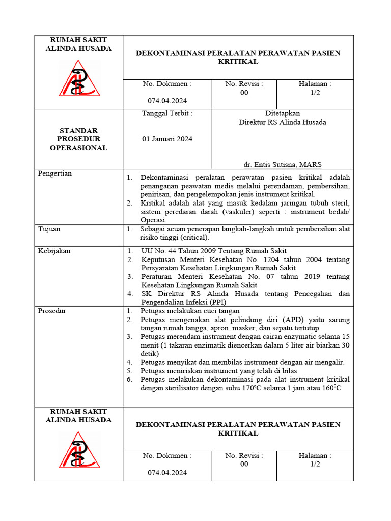 Sop Dekontaminasi Peralatan Perawatan Pasien Kritikal | PDF