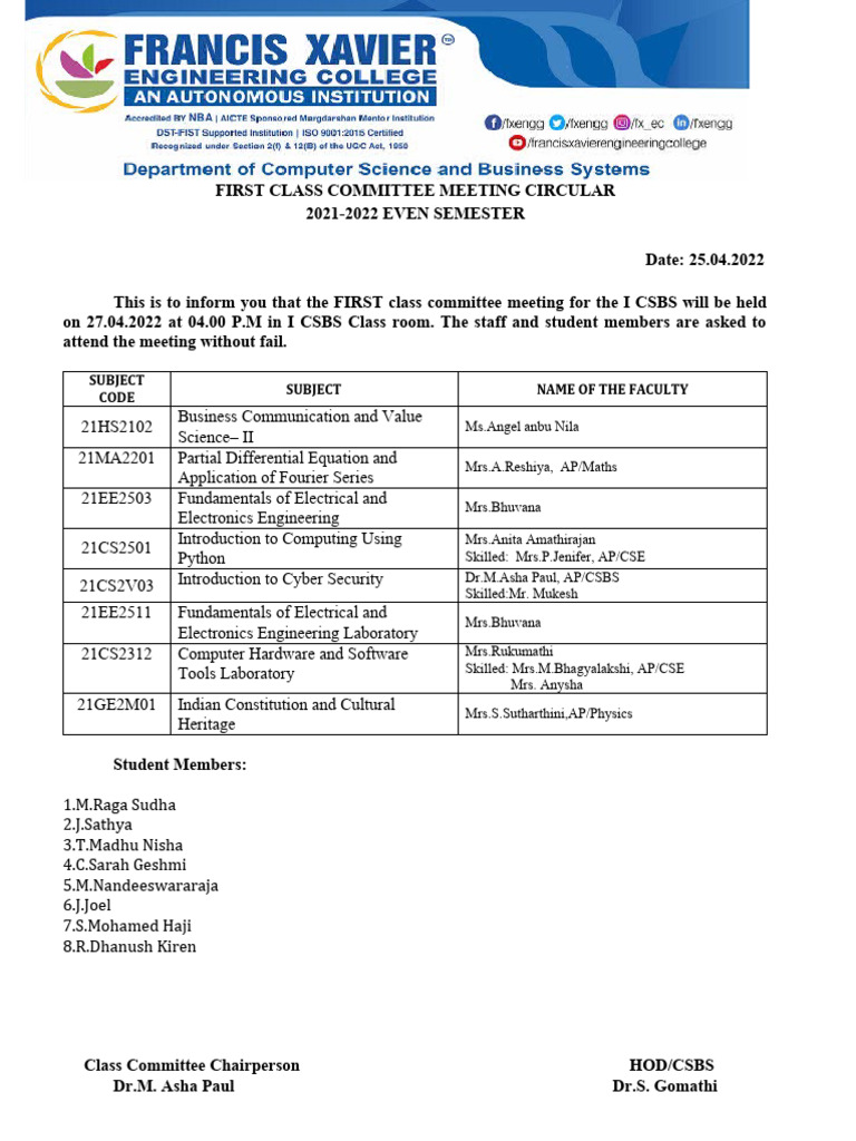 Class Commitee (Circular) | PDF