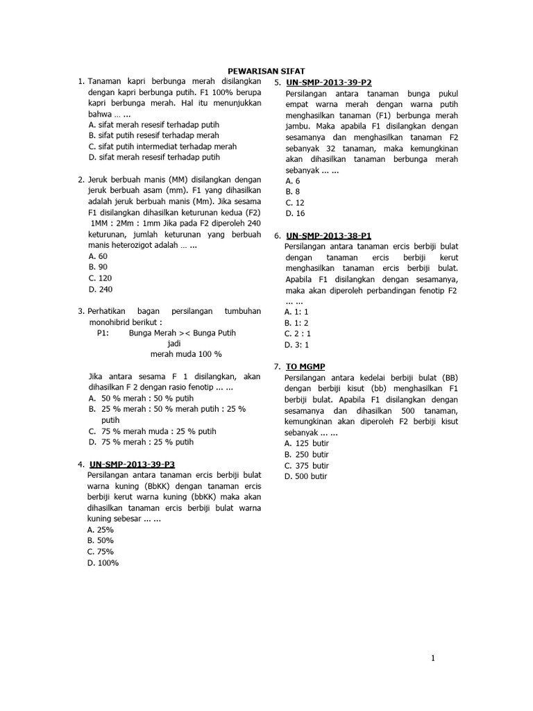 Ipa Bab 11 Latihan Soal Pewarisan Sifat | PDF