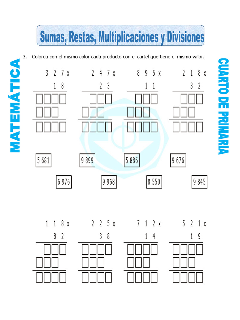 Ficha Sumas Restas Multiplicaciones y Divisiones para Cuarto de Primaria | PDF