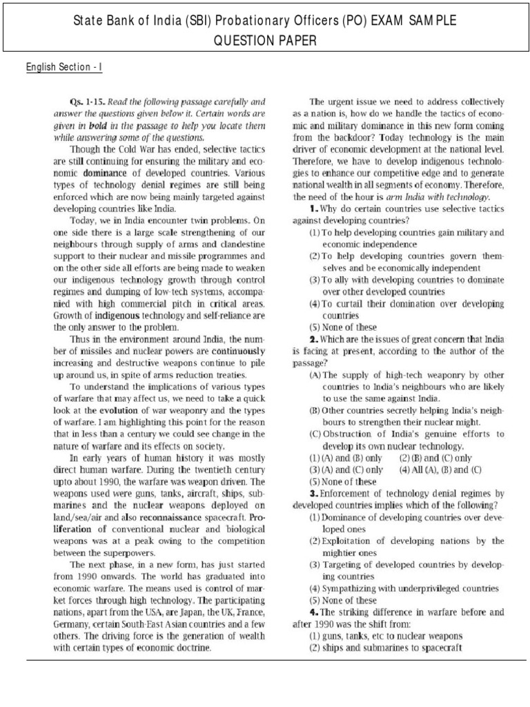 SBI PO Exam Sample Questions | PDF