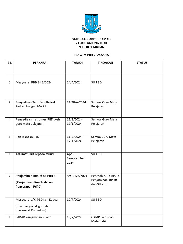 Takwim PBD 2024 | PDF
