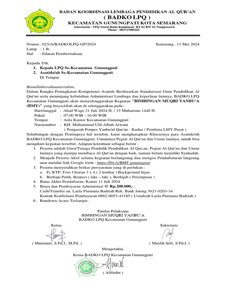 Edaran Pemberitahuan BIMBINGAN MUQRI YANBU'a BADKO LPQ Kecamatan ...
