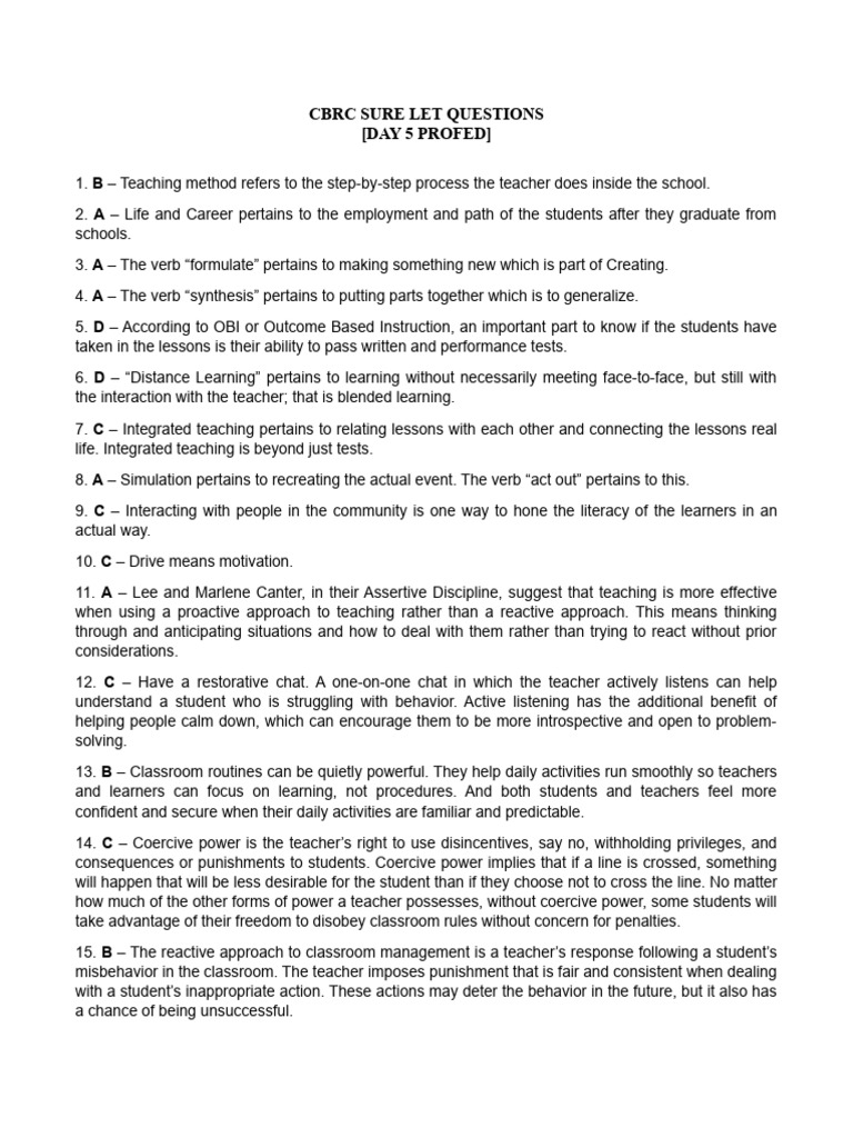 CA (Day 5 Profed) CBRC Sure Let Questions | PDF | Classroom Management ...