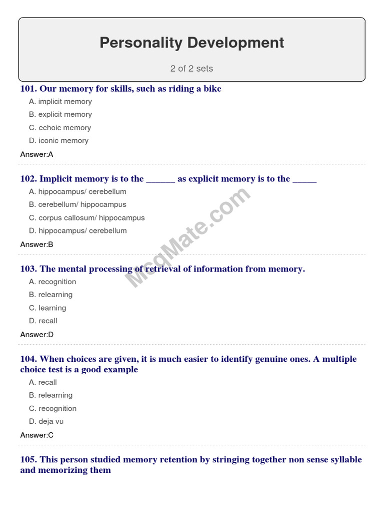 Personality Development MCQs | PDF | Intelligence Quotient | Intelligence