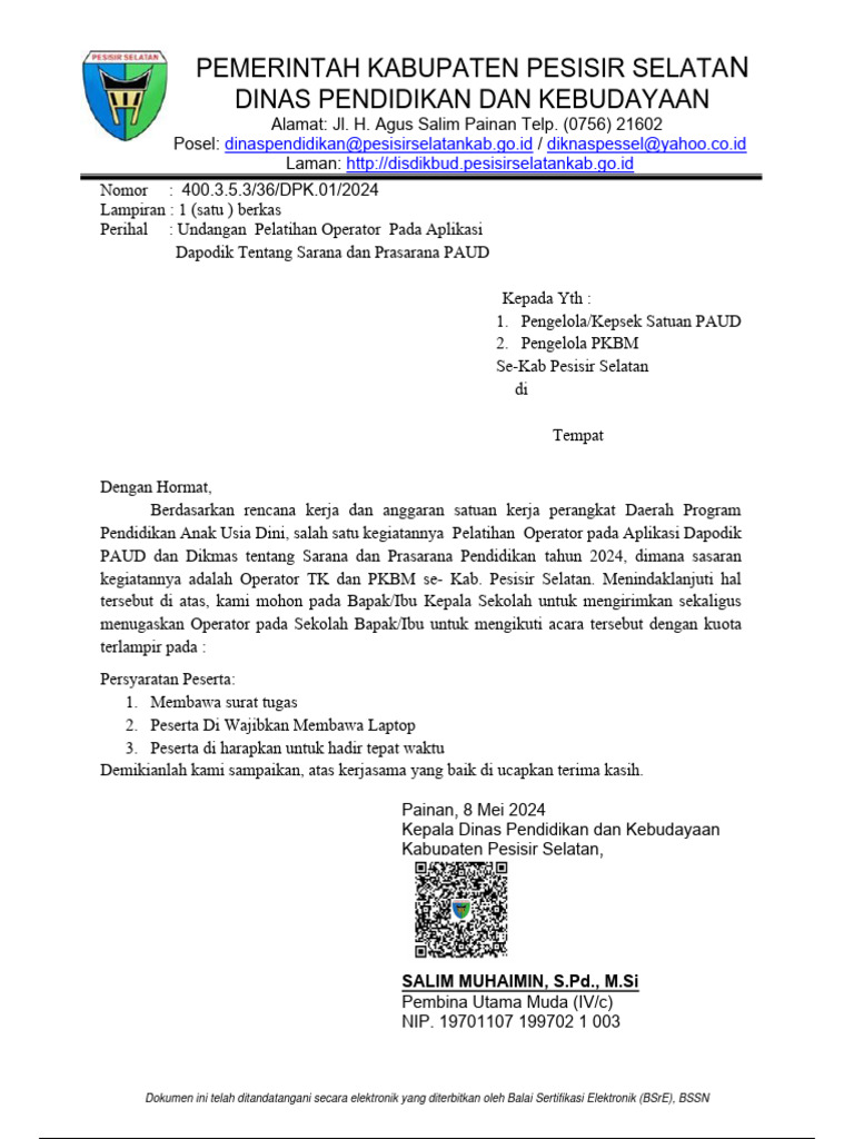 Surat Undangan Bimtek Pelatihan Sapras Tahun 2024 | PDF