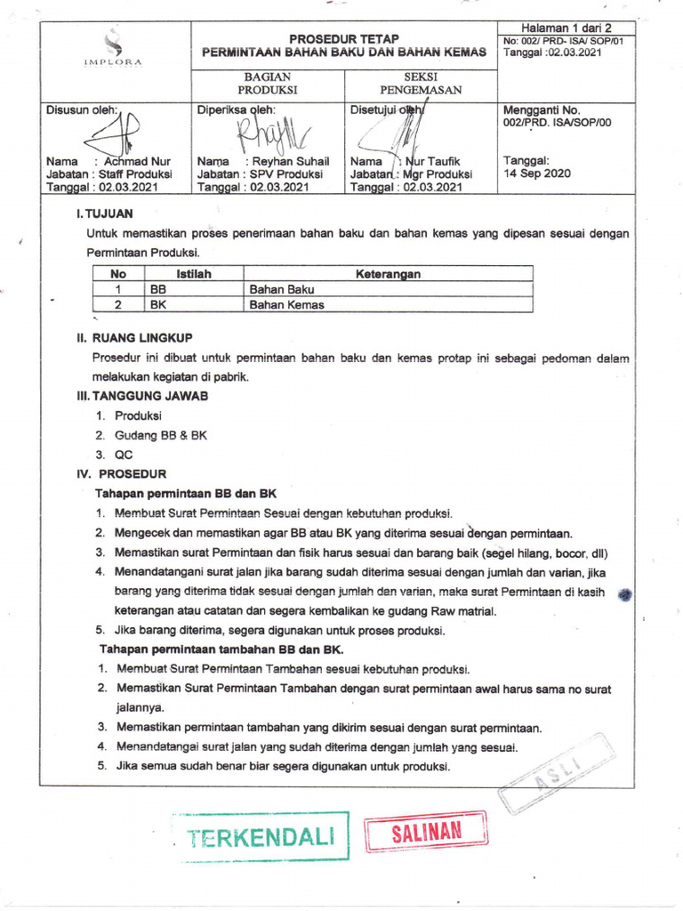 PROTAP 002 PERMINTAAN BAHAN BAKU DAN BAHAN KEMAS-digabungkan | PDF