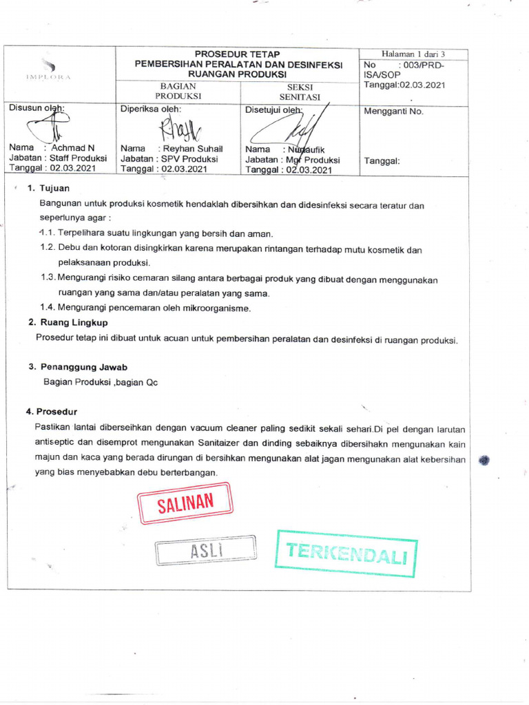 Protap 003 Pembersihan Peralatan Dan Desinfeksi Ruangan Produksi | PDF