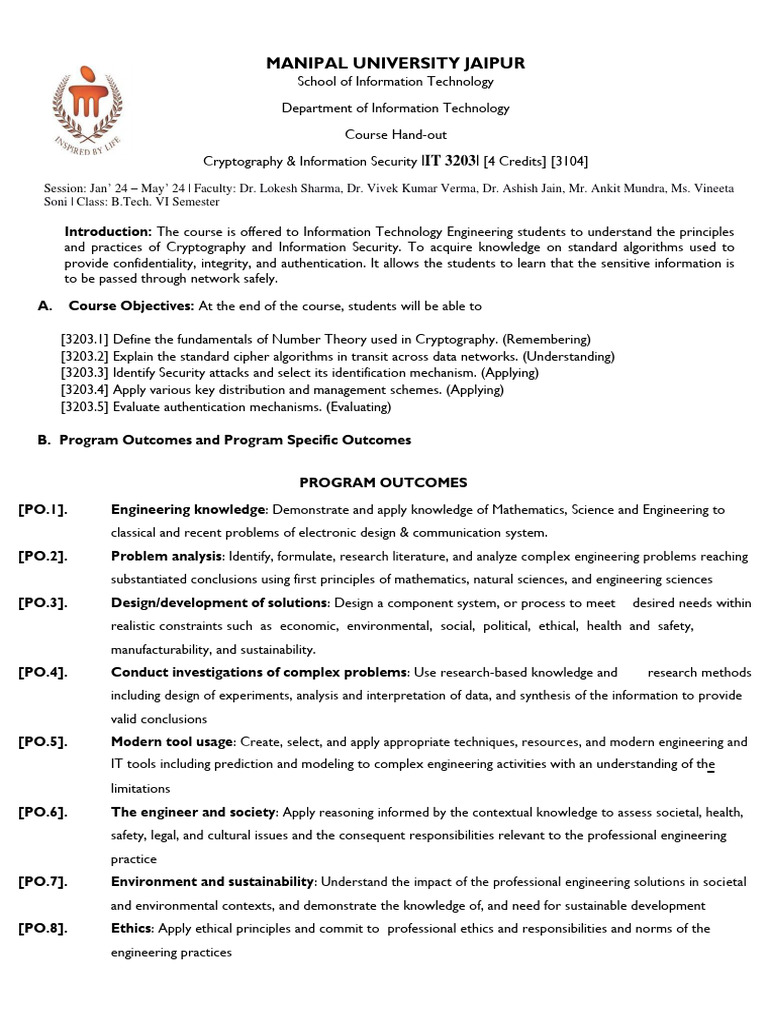 CIS Course Handout Even Semester - 2024 | PDF | Cryptography | Encryption