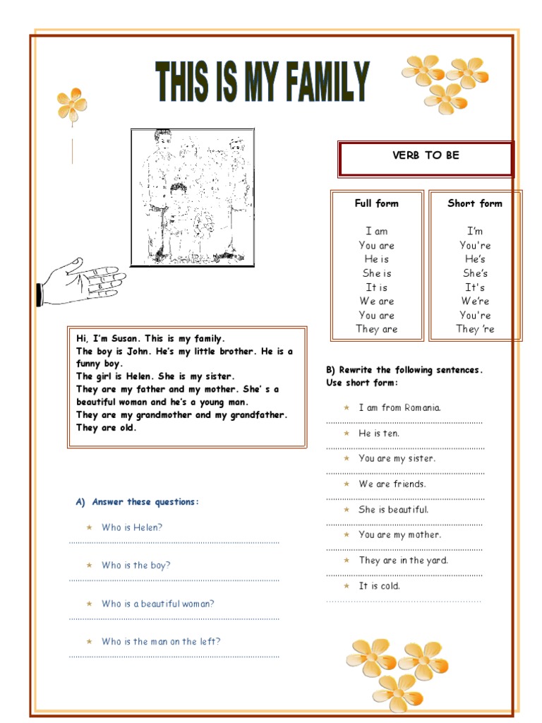 Family Introduction and Verb To Be Exercises | PDF