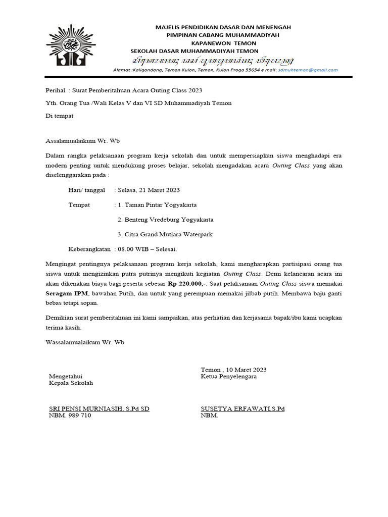 Surat Pemberitahuan Outing Class 2023 | PDF