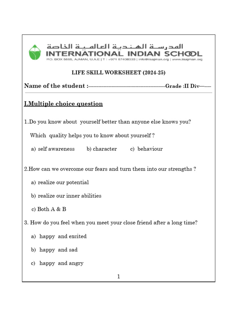 Life Skills: Self-Awareness Worksheet | PDF | Self Awareness | Feeling