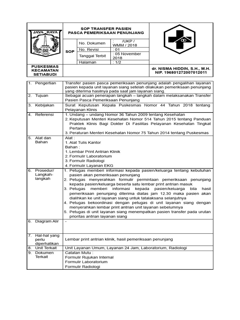 SOP TRANSFER PASIEN Pasca Pemeriksaan Penunjang | PDF