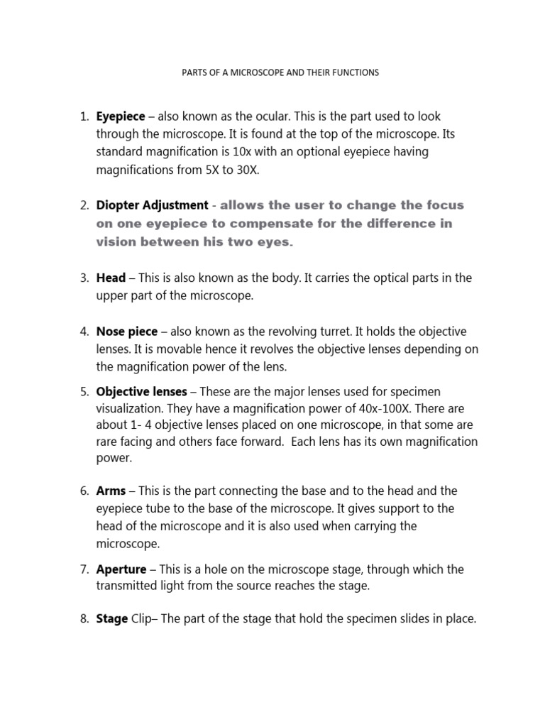 PARTS OF A MICROSCOPE | PDF | Glass Engineering And Science | Optical ...