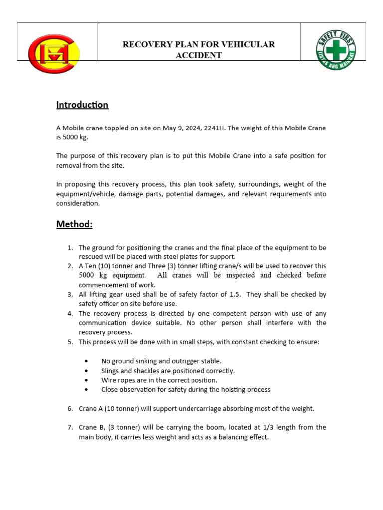 Recovery Plan For Vehicular Accident | PDF | Crane (Machine ...