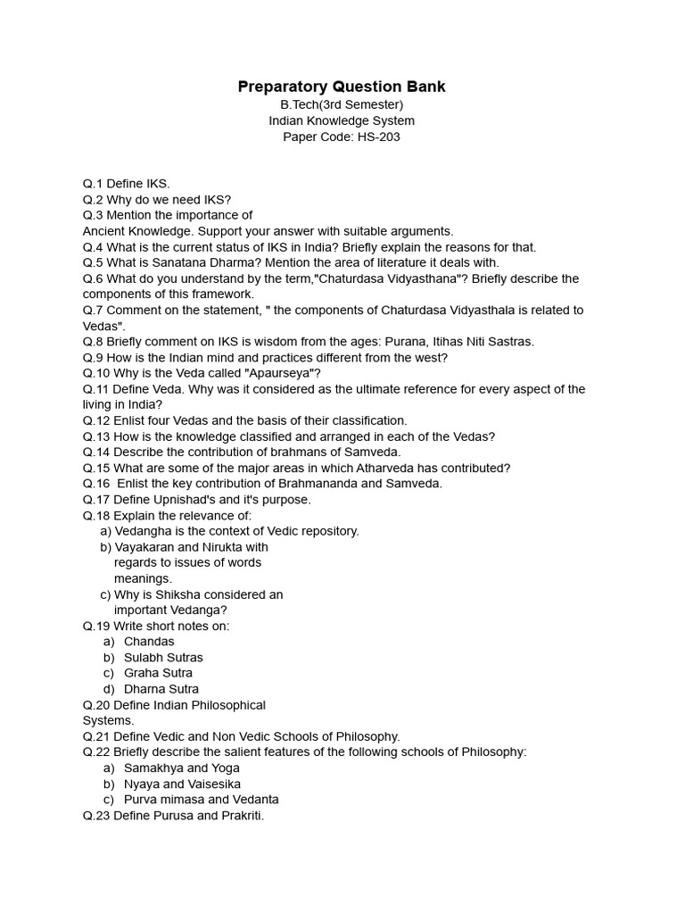 Preparatory Question Bank For IKS | PDF | Vedas | Sanskrit