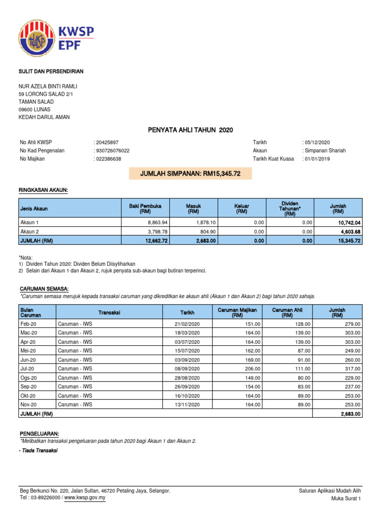Penyata KWSP Tahun 2020 Isteri | PDF
