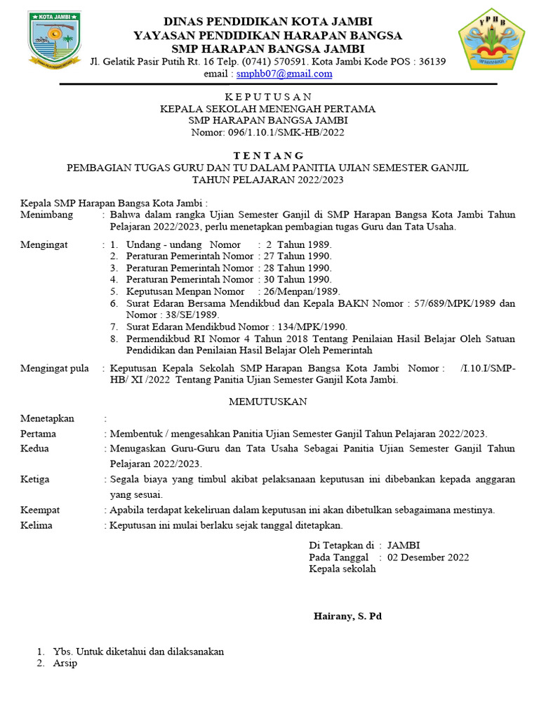 SK Panita Ujian Semester Ganjil SMP Hbta 2022-2023 | PDF