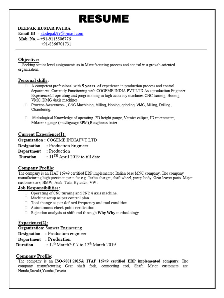 Resume Deepak Kumar Patra | PDF | Numerical Control | Engineering