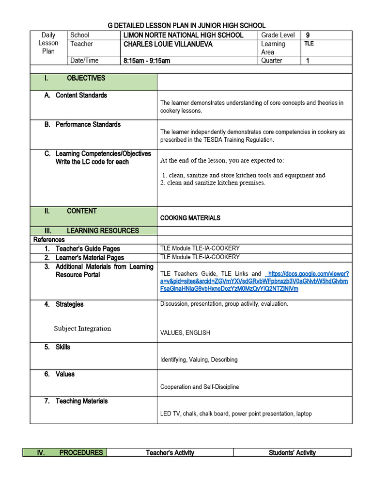 TLE Cookery Lesson Plan for Grade 9 | PDF | Cookware And Bakeware ...