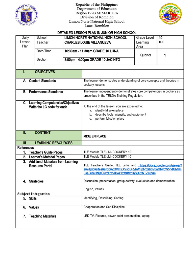 Q1 Lesson Plan Cookery Day 1 - G10 | PDF | Kitchen Utensil | Kitchen