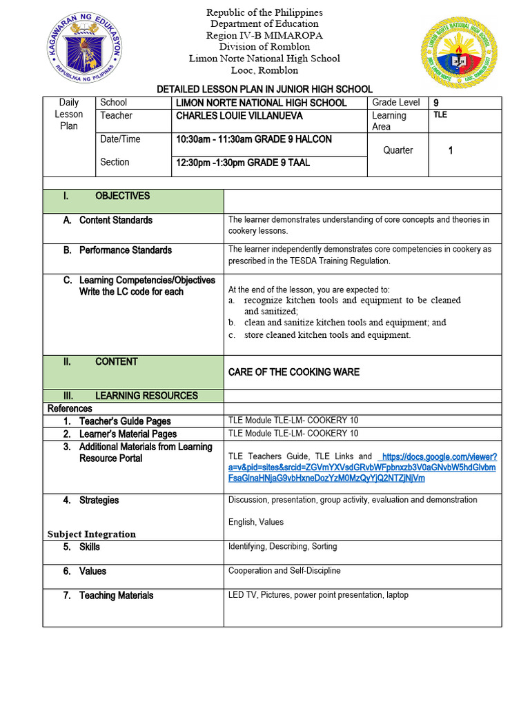 Q1 Lesson Plan Cookery Day 2 - G9 | PDF | Kitchen Utensil | Kitchen