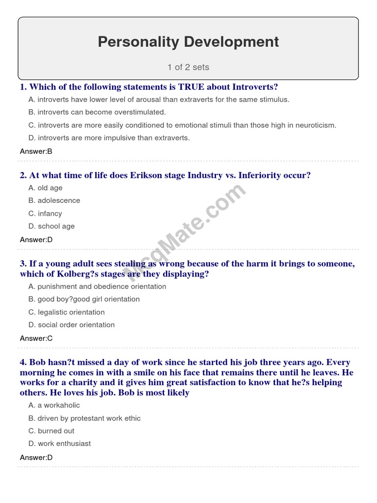 Personality Development MCQs Guide | PDF | Memory | Thought