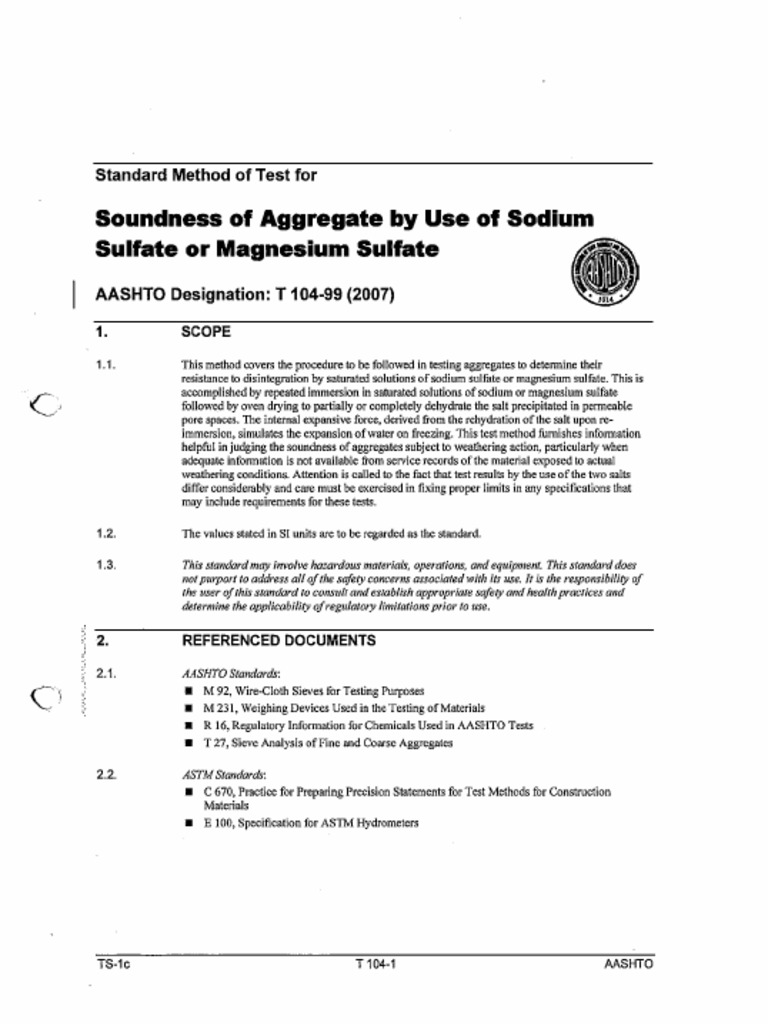 AASHTO T 104 - 99 (2007) Soundness of Aggregates | PDF