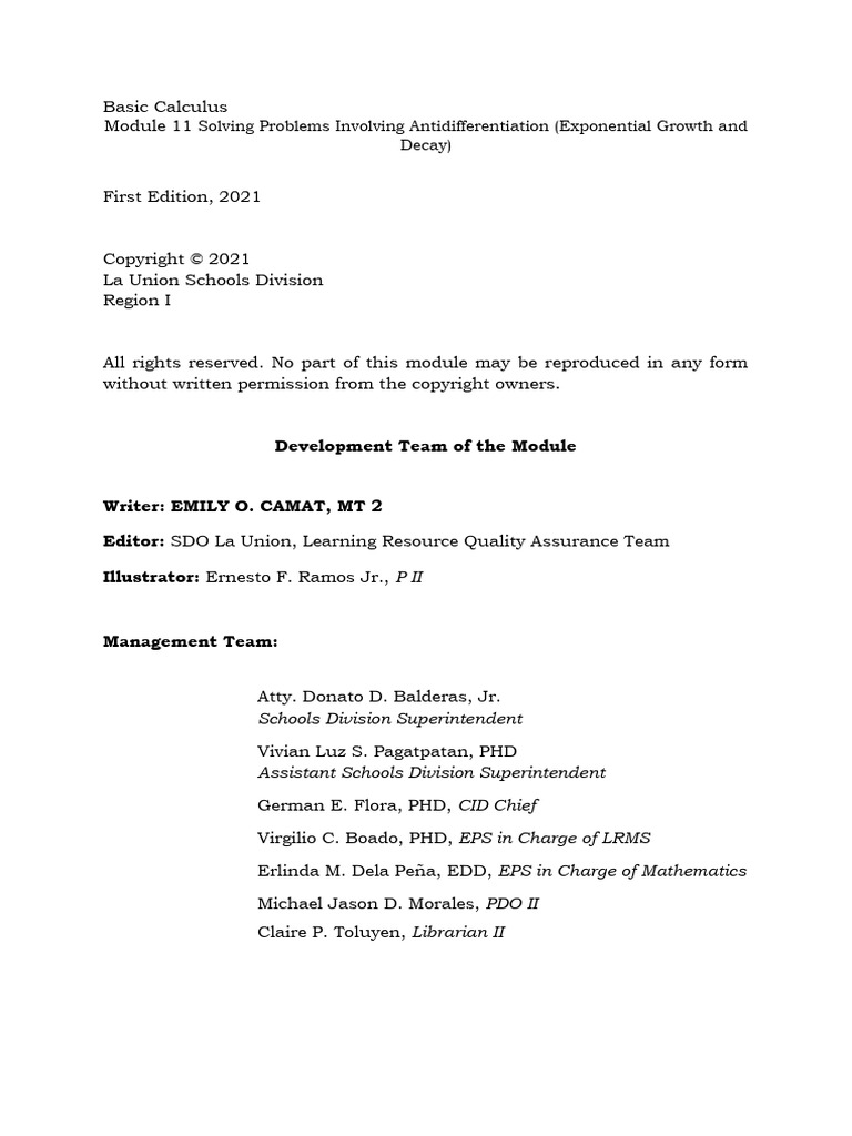 Basic Calculus - Q4 Week 3 Module 11 | PDF | Logistic Function ...