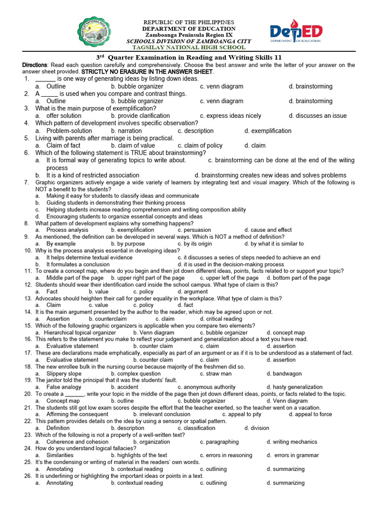 Reading and Writing Skills Exam Guide | PDF | Brainstorming | World ...