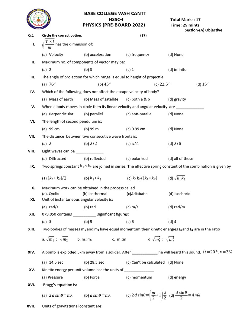 1st Year Physics Pre Board Pdf Force Waves