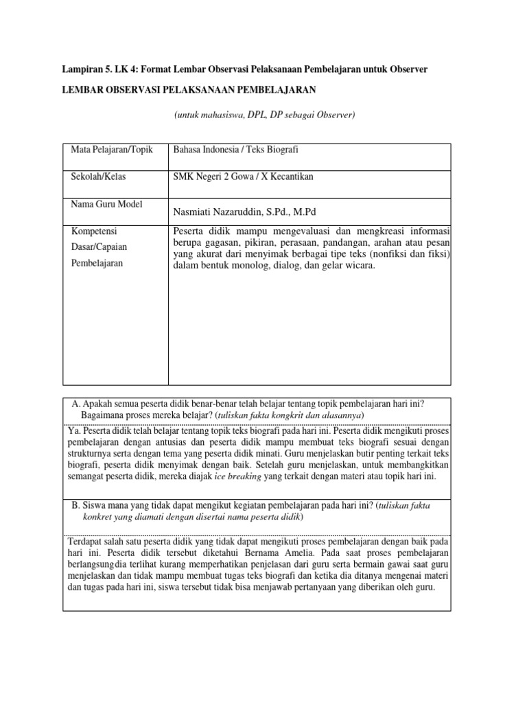 LK 4 - Lembar Observasi Pembelajaran Observer - Siklus 2 | PDF | Pengembangan Diri | Sains ...