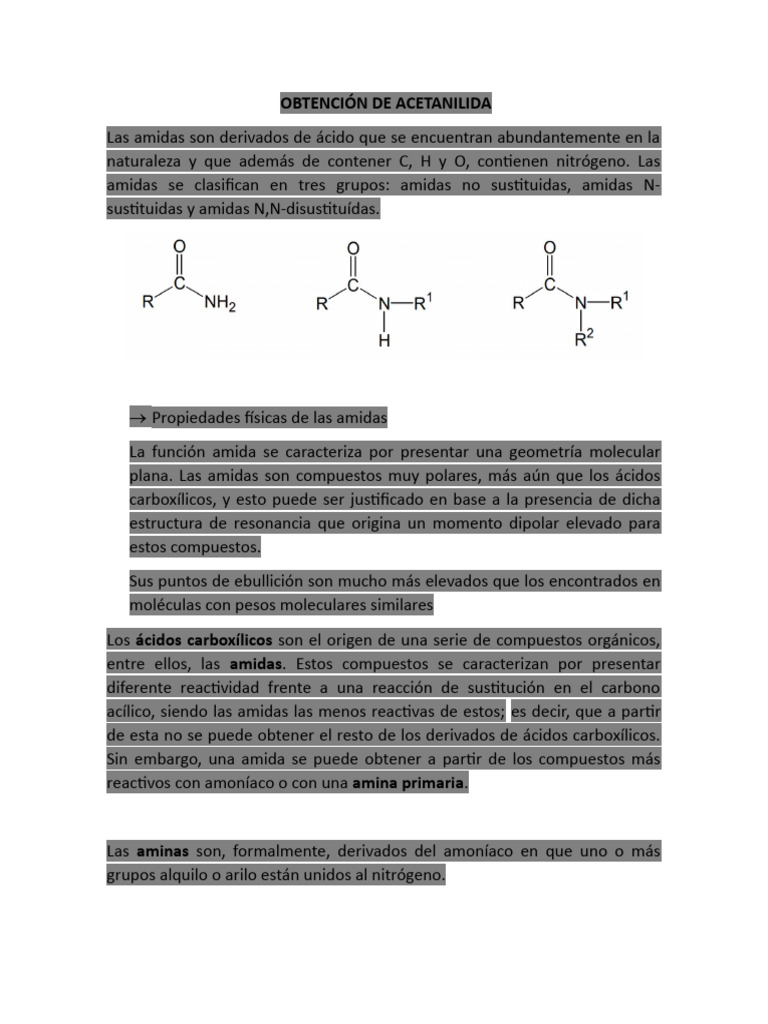 Obtención de Acetanilida | Descargar gratis PDF | Amida | Amina