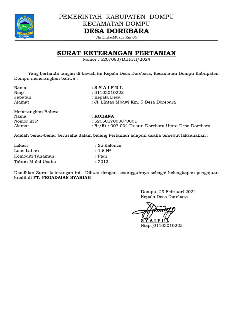 Surat Keterangan Usaha Pertanian | PDF