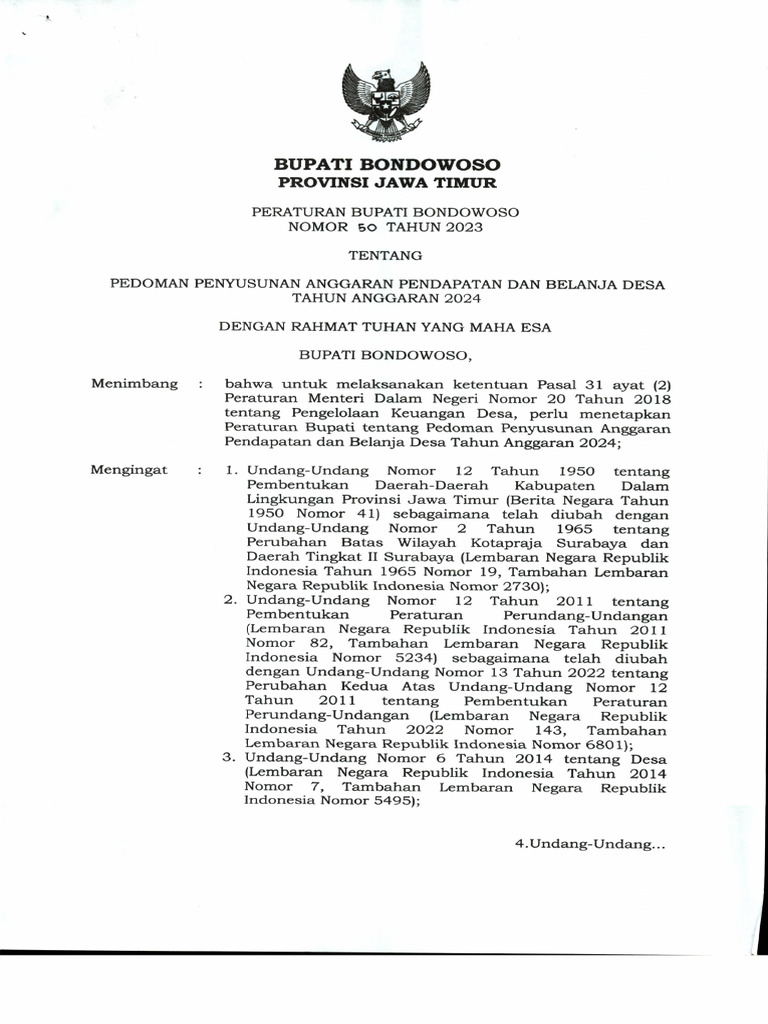 Perbup Nomor 50 Tahun 2023 Tentang Pedoman Penyusunan Apbdesa | PDF
