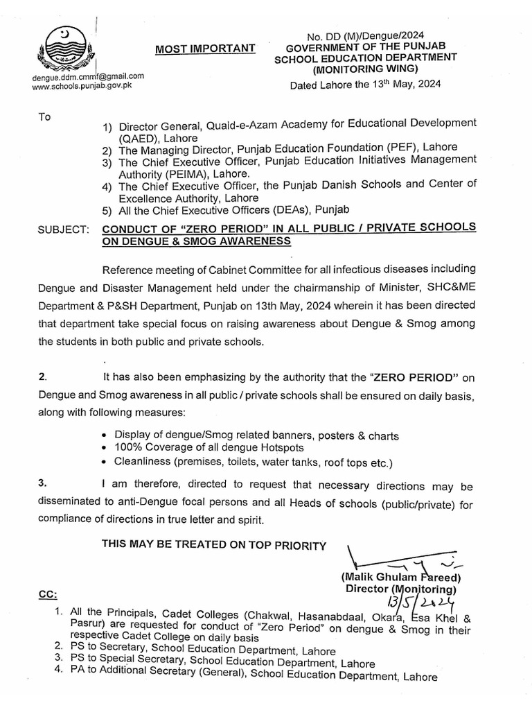 Conduct of Zero Period in Schools On Dengue & Smog | PDF